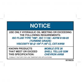 Hydraulic Oil Specs Notice Label, 00196630